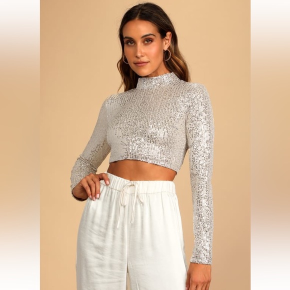 Lulus | Tops | Lulus Dazzling Beauty Silver Sequin Long Sleeve Mock ...